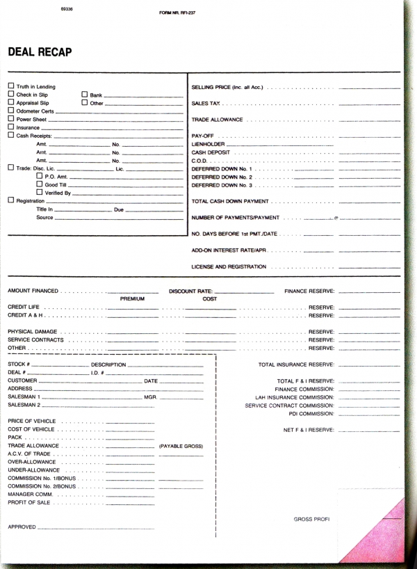 Deal Recap Form - Form #RFI-237 , DealerStockRoom shop | Dealer Stock Room