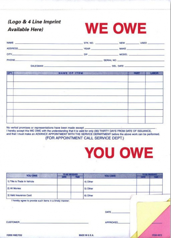 Custom Imprinted We we / You Owe Form , DealerStockRoom shop | Dealer ...