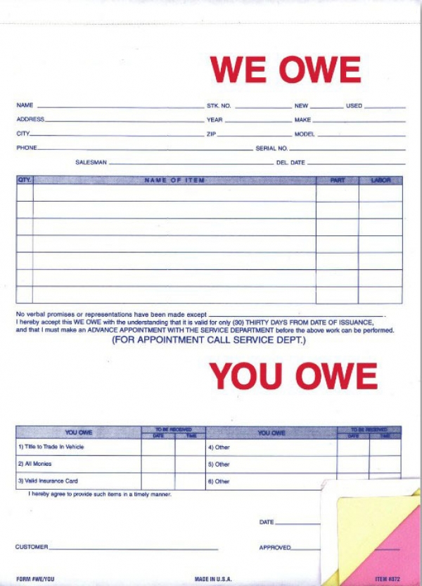Non-Imprinted We Owe / You Owe Forms - Form #872 , DealerStockRoom shop ...